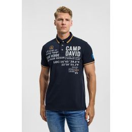 Poloshirt CAMP DAVID, Herren, Gr. L, blau, Piqu&eacute;, Material: 100% Baumwolle, bedruckt, bestickt, regular fit normal, hoch geschlossener Ausschnitt, eingesetzt B&uuml;ndchen, Shirts, mit Seitenschlitze