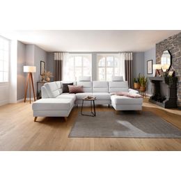 Wohnlandschaft Home Affaire "Westerland U-Form", silber, B:303cm H:90cm T:213cm, 98% Polyester 2% Polyamid, Sofas, Wohnlandschaft, Federkern, wahlweise Bettfunktion, Stauraum und Armlehn-Verstellung