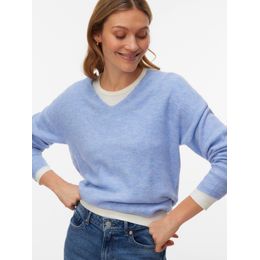 V&eacute;ro Moda V-Ausschnitt-Pullover VERO MODA "VMCREWLEFILE LS V-NECK BLOUSE NOOS", Damen, Gr. L, brunnera blau detail:melange, Strick, Obermaterial: 70% Polyacryl, 27% Nylon, 3% Elasthan, meliert, regular fit h&uuml;ftlang, V-Ausschnitt, Rippstrickb&uuml;ndchen, Pullover V-Ausschnitt-Pullover