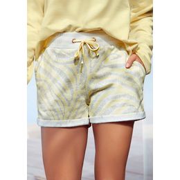 Relaxshorts Lascana, Damen, Gr. 40/42, N-Gr, grau (hellgelb, hellgrau, gemustert), angeraute Sweatware, Obermaterial: 50% Baumwolle, 50% Polyester, kurz, Hosen Relaxshorts, mit seitlichen Eingrifftaschen, Loungeanzug