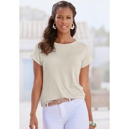 Kurzarmshirt Vivance "mit Gummizug im Bund", Damen, Gr. 44/46, beige, Obermaterial: 95% Viskose, 5% Elasthan, unifarben, Basic, bequem normal, Rundhals, angeschnitten, Shirts Kurzarmshirt, aus weichem Viskose-Stretch, Topseller
