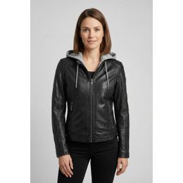Lederjacke Mauritius "MWAlani", Damen, Gr. L (40), schwarz, Obermaterial: 100% Schafsleder. Futter: 100% Polyester. Kapuze: 55% Baumwolle, 45% Polyester. &Auml;rmelfutter: 100% Polyester, unifarben, regular fit h&uuml;ftlang, abgesteppt, Jacken Lederjacke, Bikerjacke mit abnehmbarer Kapuze, Topseller