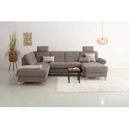 Wohnlandschaft Home Affaire "Westerland U-Form", braun (latte), B:303cm H:90cm T:213cm, 100% Polyester, Sofas, Wohnlandschaft, Federkern, wahlweise Bettfunktion, Stauraum und Armlehn-Verstellung