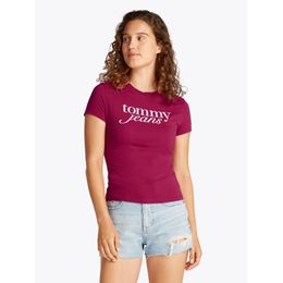 T-Shirt Tommy Jeans, Damen, Gr. S (36), brilliant berry, Jersey, Obermaterial: 100% Baumwolle, bedruckt, slim fit kurz, Rundhals, abgesteppt, Shirts T-Shirt, mit Logodruck auf der Brust