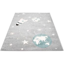 Kinderteppich Carpet City "Bubble Kids 1319" Gr. 4, grau, B:160cm H:11mm L:225cm, Kunstfaser, Teppiche, Kinderteppich, Spielteppich, Weltall, Rakete, Weicher Flor, Pflegeleicht