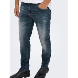 Only & Sons Slim-fit-Jeans ONLY & SONS "LOOM LIFE", Herren, Gr. 29, L&auml;nge 32, dunkelblau denim detail:tinted, Denim/Jeans, Obermaterial: 92% Baumwolle, 6% Elastomultiester, 2% Elasthan, unifarben, slim fit lang, Jeans Slim-fit-Jeans, mit niedriger Taille, sehr elastischer Denim