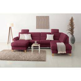 Wohnlandschaft Home Affaire "Westerland U-Form", rot (bordeaux), B:303cm H:90cm T:213cm, 100% Polyester, Sofas, Wohnlandschaft, Federkern, wahlweise Bettfunktion, Stauraum und Armlehn-Verstellung