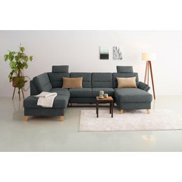 Wohnlandschaft Home Affaire "Westerland U-Form", blau (blau, grau), B:303cm H:90cm T:213cm, 100% Polyester, Sofas, Wohnlandschaft, Federkern, wahlweise Bettfunktion, Stauraum und Armlehn-Verstellung