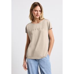 T-Shirt Street One, Damen, Gr. 40, beige (coastal beige), Jersey, Obermaterial: 70% Modal, 30% Polyester, bedruckt, unifarben, h&uuml;ftbedeckend, Rundhals, Shirts T-Shirt, mit Wording aus Schmucksteinen