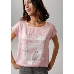 Shirtbluse Laura Scott, Damen, Gr. 38, rosa (rosa, wei&szlig;), Web, Obermaterial: 100% Polyester. R&uuml;ckenteil: 95% Viskose, 5% Elasthan, bedruckt, gemustert, figurumspielend h&uuml;ftlang, Rundhals, Blusen Shirtbluse, aus Satin mit dezentem Aufdruck, Topseller