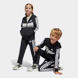 Trainingsanzug adidas Sportswear "SEASONAL ESSENTIALS TIBERIO 3-STREIFEN KIDS", Damen, Gr. 110, schwarz-wei&szlig; (schwarz, wei&szlig;, grau two), Obermaterial: 70% Baumwolle, 30% Polyester, Sportanz&uuml;ge Trainingsanzug