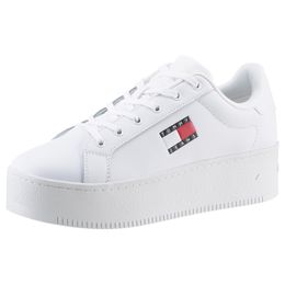 Plateausneaker Tommy Jeans "TJW FLATFORM ESS", Damen, Gr. 41, wei&szlig;, Leder, Lederimitat, Textil, Schuhe Plateausneaker, Freizeitschuh, Halbschuh, Schn&uuml;rschuh mit gepolstertem Schaftrand