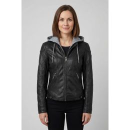 Lederjacke Mauritius "MWAmmy", Damen, Gr. M (38), schwarz, Obermaterial: 100% Schafsleder. Futter: 100% Polyester. Kapuze: 55% Baumwolle, 45% Polyester. &Auml;rmelfutter: 100% Polyester, unifarben, regular fit h&uuml;ftlang, abgesteppte Kante, Jacken Lederjacke, mit abnehmbarer Kapuze