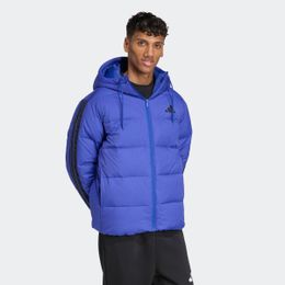 Winterjacke adidas Sportswear "ESSENTIALS CLIMAWARM 3-STREIFEN PUFFER MIT KAPUZE", Herren, Gr. L, blau (semi lucid blau), Obermaterial: 100% Polyamid. Wattierung: 80% Entendaune, 20% Entenfeder, Jacken Winterjacke