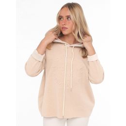 Hoodie Zwillingsherz "Positive Mind", Damen, Gr. SM (S/M), beige (hellbeige), Sweatware, Obermaterial: 75% Polyester, 20% Polyamid, 5% Elasthan, unifarben, comfort fit h&uuml;ftlang, V-Ausschnitt, Sweatshirts Hoodie, Kapuze, 3/4 Arm, tonaler Schriftzug vorn, Kordelzug