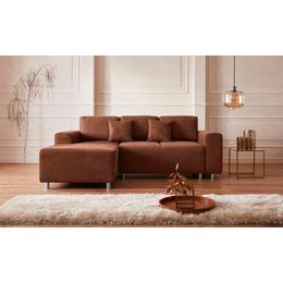 Ecksofa Home Affaire "Gy&ouml;r", braun (cognac), B:235cm H:88cm T:160cm, Microfaser (100% Polyester);Luxus-Microfaser Lederoptik (100% Polyester);Struktur (100% Polyester);Samtoptik (100% Polyester);Struktur weich (100% Polyester), Sofas, Ecksofa, L-Form, wahlweise mit Bettfunktion und Bettkasten incl. 2 Zierkissen