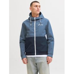 Jack & Jones Blouson JACK & JONES "JJERUSH mit Kapuze", Herren, Gr. XL, blau mirage detail:navy blazer, wei&szlig; blocking, Web, Obermaterial: 100% Polyester, slim fit normal, ohne Ausschnitt, Rippb&uuml;ndchen, Jacken Blouson, Kunstfaser, regular fit