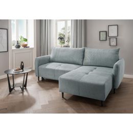 Ecksofa Home Affaire "Mara, L-Form, aktueller Cord Bezug und tolle Farben, schmale Armlehnen", blau (aqua), B:238cm T:174cm, 100% Polyester, Sofas, Ecksofa, whlw. mit Bettfunktion,Recamiere links/rechts montierbar, Breite 238cm