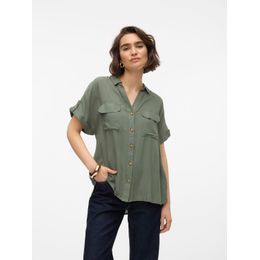 V&eacute;ro Moda Kurzarmbluse VERO MODA "VMBUMPY S/S SHIRT WVN GA NOOS", Damen, Gr. S, gr&uuml;n (laurel wreath), Web, Obermaterial: 100% Viskose, unifarben, regular fit normal, V-Ausschnitt, mit Aufschlag, Blusen Kurzarmbluse, Viskose, regular fit