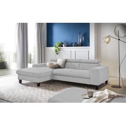 Ecksofa COTTA "Morven L-Form mit Kopfteilverstellung", grau (light grau), B:244cm H:72cm T:166cm, Microfaser PRIMABELLE (100% Polyester);Flachgewebe (100% Polyester);Samtvelours (100% Polyester), Sofas, Ecksofa, wahlweise mit Bettfunktion, Bettkasten & Wireless-Charger