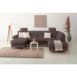 Wohnlandschaft Home Affaire "Westerland U-Form", braun (dunkelbraun), B:303cm H:90cm T:213cm, 100% Polyester, Sofas, Wohnlandschaft, Federkern, wahlweise Bettfunktion, Stauraum und Armlehn-Verstellung