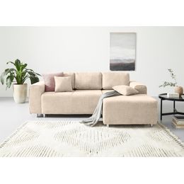 Ecksofa Home Affaire "Gy&ouml;r", beige (hellbeige), B:235cm H:88cm T:160cm, 100% Polyester, Sofas, Ecksofa, L-Form, wahlweise mit Bettfunktion und Bettkasten incl. 2 Zierkissen