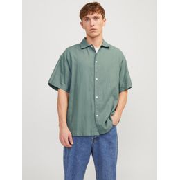 Jack & Jones Kurzarmhemd JACK & JONES "JORFARO LINEN OVERSIZED SHIRT SS SN", Herren, Gr. M, N-Gr, gr&uuml;n (laurel wreath), Popeline, Obermaterial: 55% Leinen, 45% Viskose, unifarben, Basic, relaxed fit normal, Hemden Kurzarmhemd