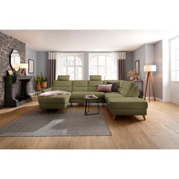 Wohnlandschaft Home Affaire "Westerland U-Form", gr&uuml;n (olive), B:303cm H:90cm T:213cm, 98% Polyester 2% Polyamid, Sofas, Wohnlandschaft, Federkern, wahlweise Bettfunktion, Stauraum und Armlehn-Verstellung