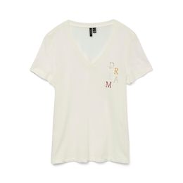 V&eacute;ro Moda T-Shirt VERO MODA "VMEDA VANESSA SS TOP BOX JRS GA", Damen, Gr. S, wei&szlig; (snow wei&szlig; print:dream), Jersey, Obermaterial: 100% Baumwolle, bedruckt, loose fit normal, V-Ausschnitt, Shirts T-Shirt