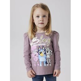 Langarmshirt name it "NMFARIA BLUEY LS TOP NOOS SKY", M&auml;dchen, Gr. 104, toadstool (blank), Jersey, Obermaterial: 95% Baumwolle, 5% Elasthan, bedruckt, unifarben, Basic h&uuml;ftlang, Rundhals, abgesteppte Kante, Shirts Langarmshirt, mit gro&szlig;em Frontmotiv