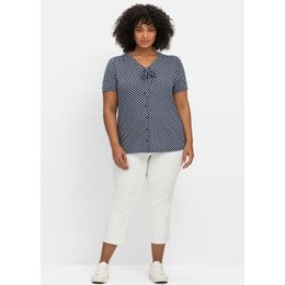 Kurzarmshirt sheego by Joe Browns "Blusenshirt", Damen, Gr. 52, blau (marine, gemustert), 95% Viskose, 5% Elasthan, gemustert, mehrfarbig, V-Ausschnitt, Shirts