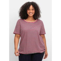 Kurzarmshirt sheego "Rundhalsshirt", Damen, Gr. 56/58, blau (tiefblau, gestreift), 100% Baumwolle, gemustert, gestreift, Rundhals, Shirts