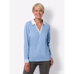 Langarmshirt Classic Basics "Langarm-Shirt", Damen, Gr. 44, blau (himmelblau, wei&szlig;), 100% Baumwolle, gemustert, mehrfarbig, V-Ausschnitt, Shirts Langarmshirt