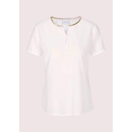 Madeleine Mode Kurzarmbluse MADELEINE "Blusenshirt Schlupfbluse mit Kontrastpaspel", Damen, Gr. 36, wei&szlig; (wollwei&szlig;, goldfarben), Obermaterial: 100% Viskose CV., Modern, gerade, Blusen, Paspel