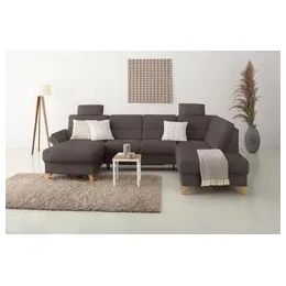Wohnlandschaft Home Affaire "Westerland U-Form", braun (dunkelbraun), B:303cm H:90cm T:213cm, 100% Polyester, Sofas, Wohnlandschaft, Federkern, wahlweise Bettfunktion, Stauraum und Armlehn-Verstellung