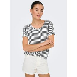 Jacqueline de Yong Kurzarmshirt JDY "JDYSISSY S/S O-NECK TOP JRS", Damen, Gr. L, blau (cloud dancer stripes:sky captain), Jersey, Obermaterial: 96% Viskose, 4% Elasthan, gestreift, regular fit normal, Rundhals, mit Umschlag, Shirts