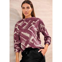 Langarmshirt Heine "Druck-Shirt", Damen, Gr. 42, rot (bordeaux, sand, bedruckt), 95% Polyester, 5% Elasthan, bedruckt, gemustert, gestreift, Shirts Langarmshirt