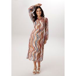 Midikleid Aniston SELECTED, Damen, Gr. 36, N-Gr, beige, hellblau, camel, terra, rauchblau, rotbraun, Mesh, Jersey, Obermaterial: 95% Polyester, 5% Elasthan. Futter: 95% Viskose, 5% Elasthan, bedruckt, gemustert, gestreift, figurumspielend wadenlang, V-Ausschnitt, Kleider Midikleid, V-Ausschnitt mit R&uuml;schen und Bindeb&auml;ndern - NEUE KOLLEKTION