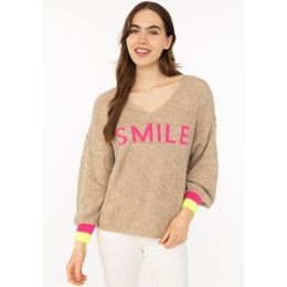 Zwillingsherz Damen Strickpullover &raquo;"Smile"&laquo; Langarm, One Size, V-Ausschnitt, Neon-Details, Schriftzug beige Einheitsgr&ouml;&szlig;e