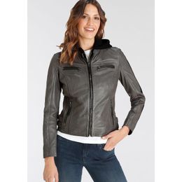 Mauritius Damen Lederjacke &raquo;GWRanja&laquo; mit Kapuze mit kontrastfarbigen Details grau XS Trachtenmode