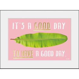 queence Bild &raquo;GOOD DAY&laquo; Bl&auml;tter Motivationsbilder Pflanzen Spr&uuml;che & Texte 1 Stk. tlg. HD Premium Poster-Druck inkl. Holzrahmen rosa Acrylglas, Holz, 