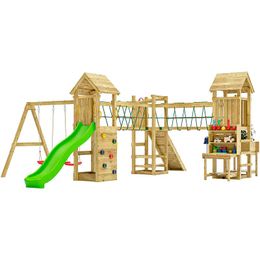 Fungoo Spielturm &raquo;Maxi Funny Optimizer, mit Rutsche, Schaukeln, Kletterwand + Seilbr&uuml;cke&laquo; Made in Europe, FSC - sch&uuml;tzt Wald beige Holz