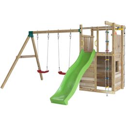 Fungoo Spielturm &raquo;HOUSER, mit Rutsche, Schaukeln, Piratenrad und Haus mit Fenster&laquo; Made in Europe, FSC - sch&uuml;tzt Wald beige Holz