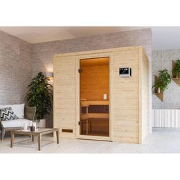 Karibu Sauna &raquo;"Sunie" mit bronzierter T&uuml;r SET, naturbelassen, mit Ofen 9 kW&laquo; aus hochwertiger nordischer Fichte beige
