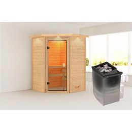 Karibu Sauna &raquo;"Anni" mit bronzierter T&uuml;r und Kranz SET, naturbelassen, mit Ofen 9 kW&laquo; aus hochwertiger nordischer Fichte beige