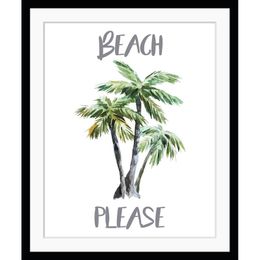 queence Bild &raquo;BEACH PLEASE&laquo; Humor Palmen Schriftzug Spr&uuml;che & Texte HD Premium Poster-Druck inkl. Holzrahmen bunt Acrylglas, Holz, Papier