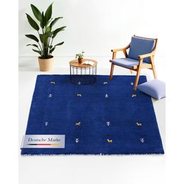 CarpetFine Wollteppich &raquo;Gabbeh-Uni&laquo; quadratisch 15 mm H&ouml;he reine Wolle, handgewebt, Gabbeh Loom Tiermotiv, Sonderform Quadrat blau Wolle