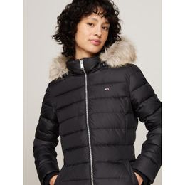 Tommy Jeans Damen Steppmantel &raquo;TJW ESSENTIAL HOODED DOWN COAT&laquo; mit Fellimitat, Logostickerei schwarz XS (34)
