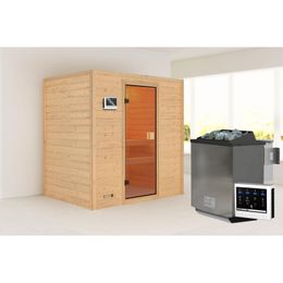 Karibu Sauna &raquo;"Sunie" mit bronzierter T&uuml;r SET, naturbelassen, mit Ofen 9 kW&laquo; aus hochwertiger nordischer Fichte beige