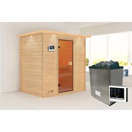 Karibu Sauna &raquo;"Sunie" mit bronzierter T&uuml;r und Kranz, naturbelassen, mit Ofen 9 kW&laquo; aus hochwertiger nordischer Fichte beige
